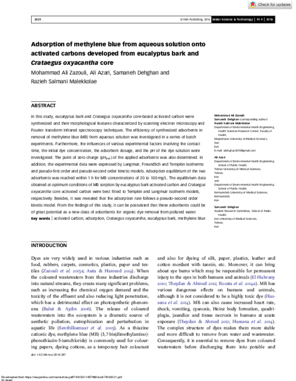 (PDF) Adsorption of methylene blue from aqueous solution onto activated carbons developed from ...