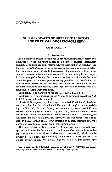 (PDF) Sobolev spaces of differential forms and de Rham-Hodge isomorphism