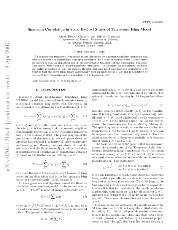 (PDF) Spin spin correlation in some excited states of the transverse ...