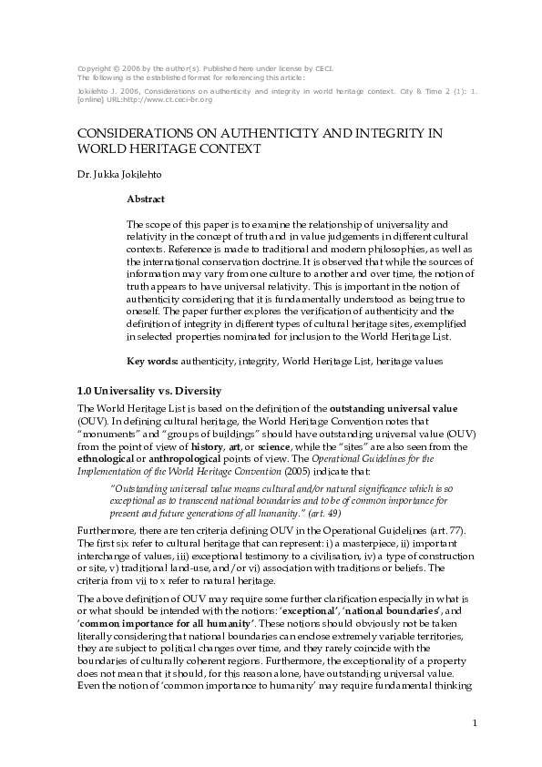 (PDF) Considerations on Authenticity and Integrity in World Heritage ...