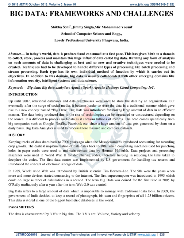 (PDF) Big Data: Frameworks and Challenges