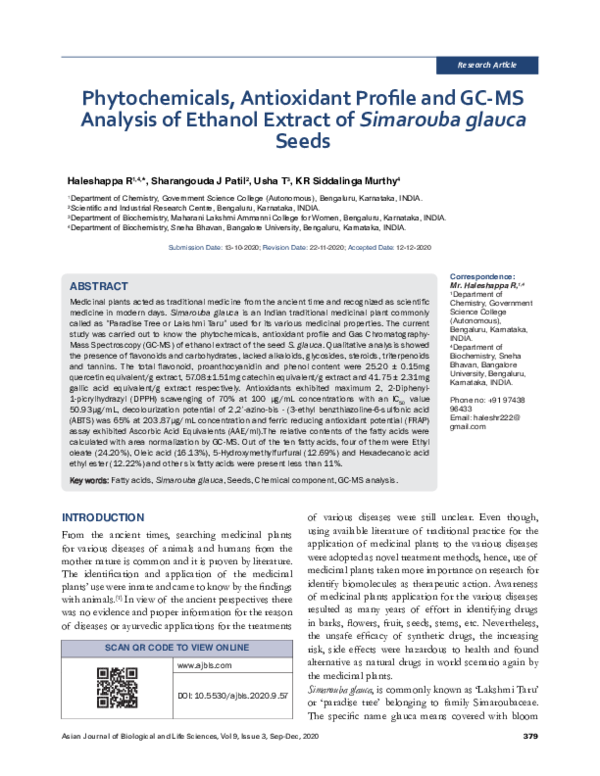 (PDF) Phytochemicals, Antioxidant Profile and GC-MS Analysis of Ethanol Extract of Simarouba ...