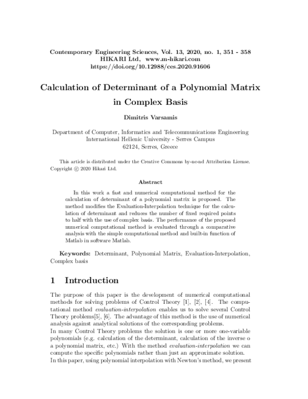 (PDF) Calculation of determinant of a polynomial matrix in complex basis