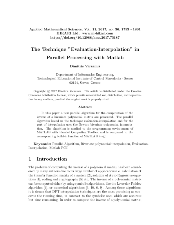 (PDF) The technique "evaluation-interpolation" in parallel processing with matlab