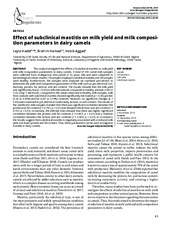 (PDF) Effect of subclinical mastitis on milk yield and milk composition ...