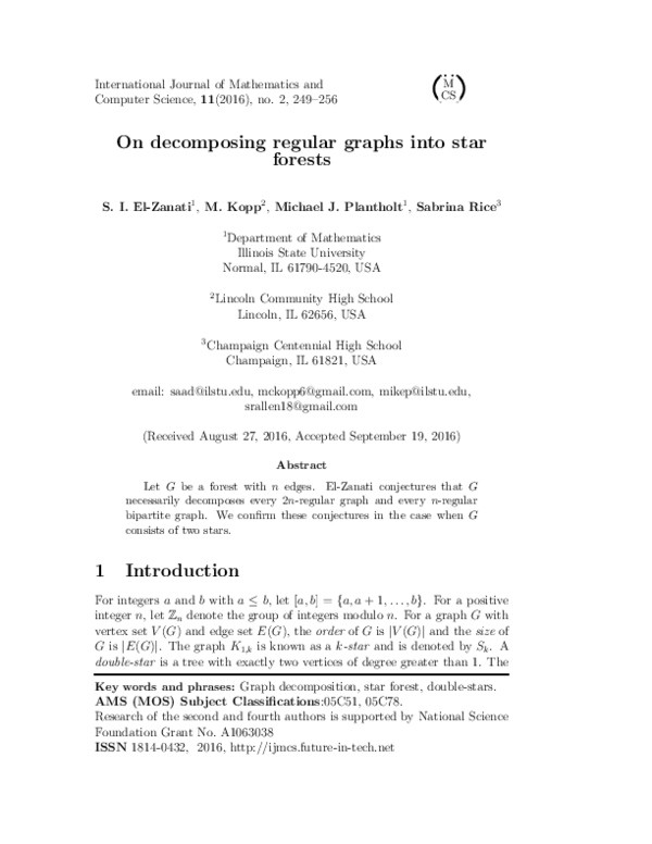 (PDF) On decomposing regular graphs into star forests | Michael Plantholt - Academia.edu