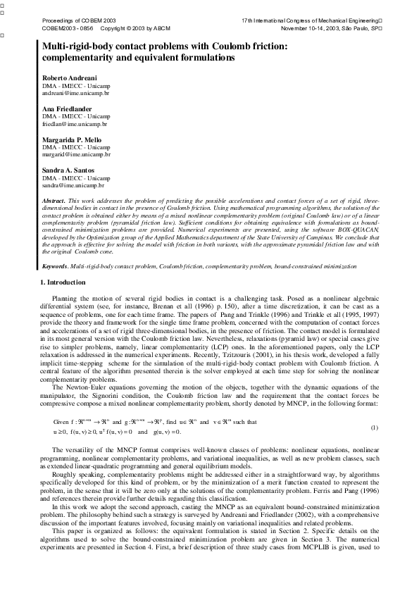 (PDF) Multi-rigid-body contact problems with Coulomb friction: complementarity and equivalent ...