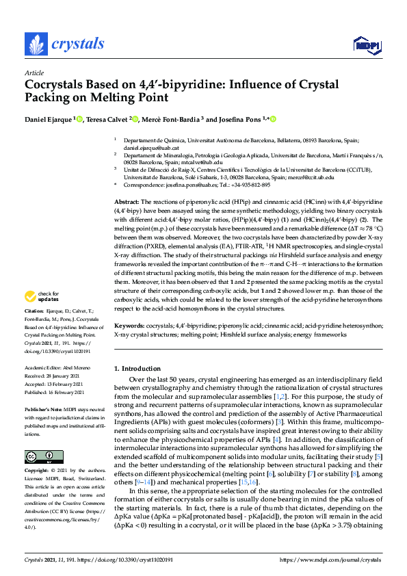 (PDF) Cocrystals Based on 4,4’-bipyridine: Influence of Crystal Packing on Melting Point