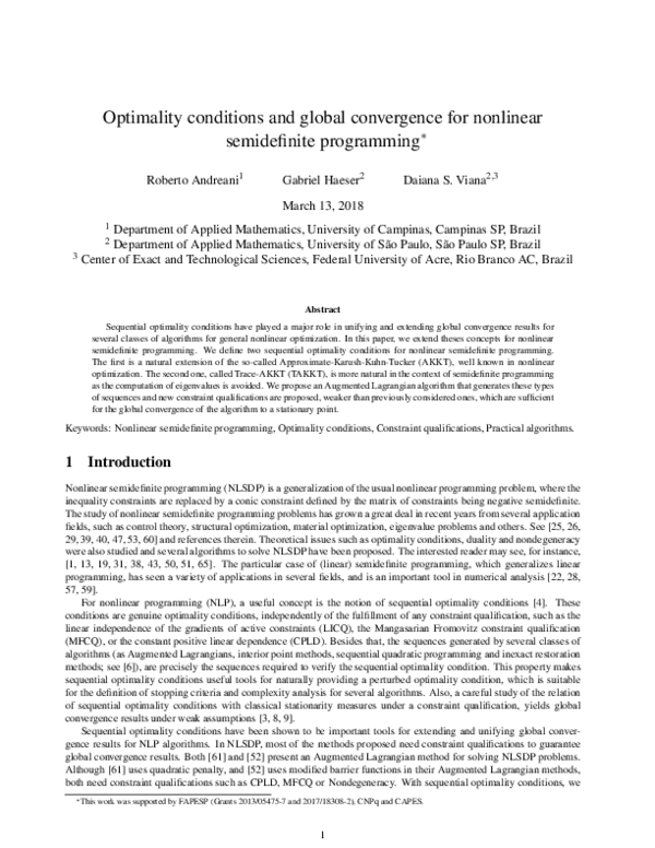 (PDF) Optimality conditions and global convergence for nonlinear semidefinite programming