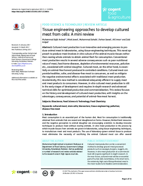 (PDF) Tissue engineering approaches to develop cultured meat from cells ...