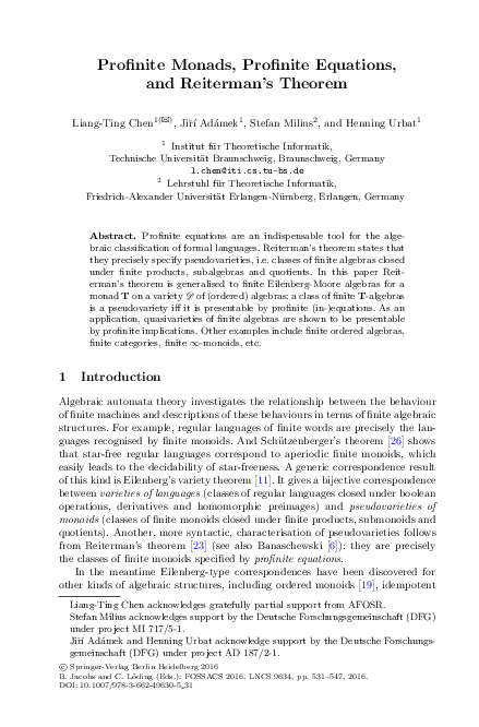 (PDF) Profinite Monads, Profinite Equations, and Reiterman’s Theorem