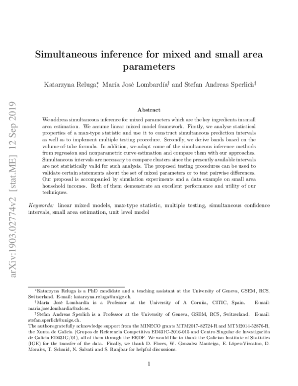 Pdf Simultaneous Inference For Mixed And Small Area Parameters