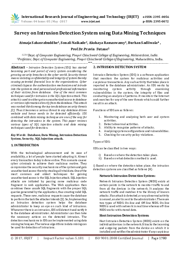 Pdf Survey On Intrusion Detection System Using Data Mining Techniques