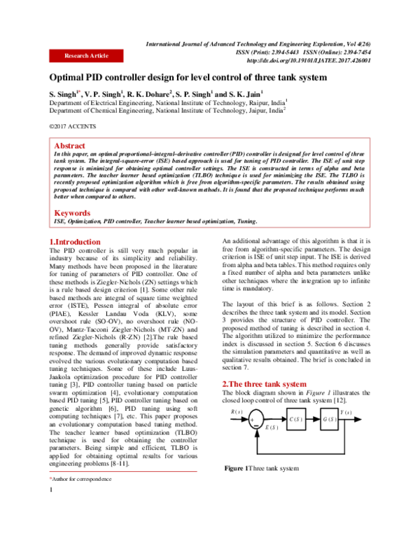 (PDF) Optimal PID controller design for level control of three tank system