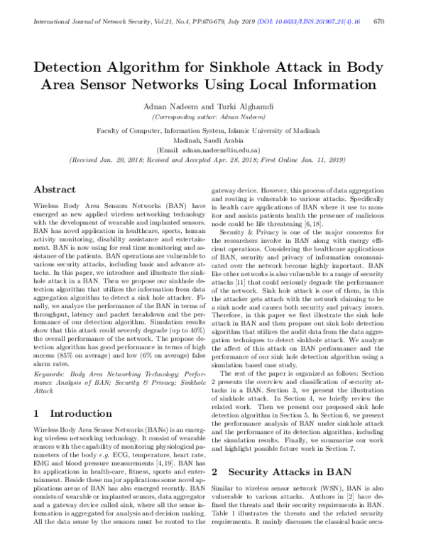 Pdf Detection Algorithm For Sinkhole Attack In Body Area Sensor Networks Using Local Information
