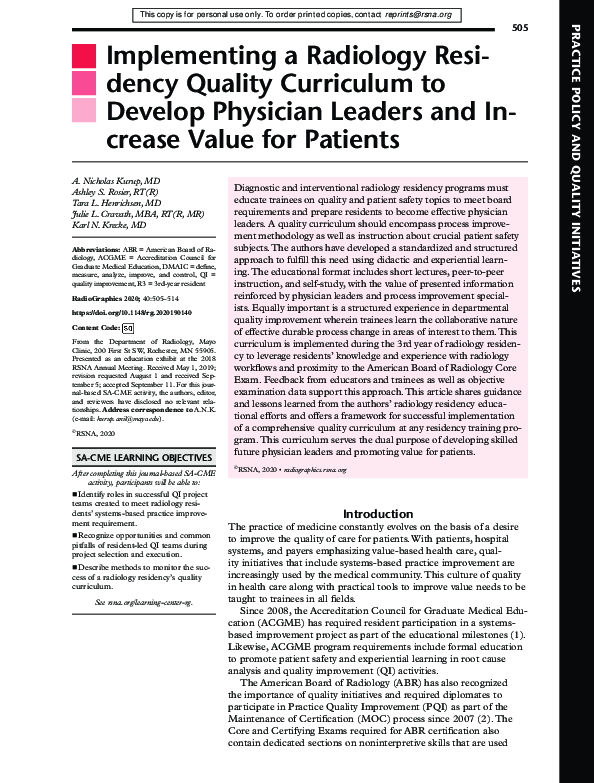 (PDF) Implementing a Radiology Residency Quality Curriculum to Develop ...