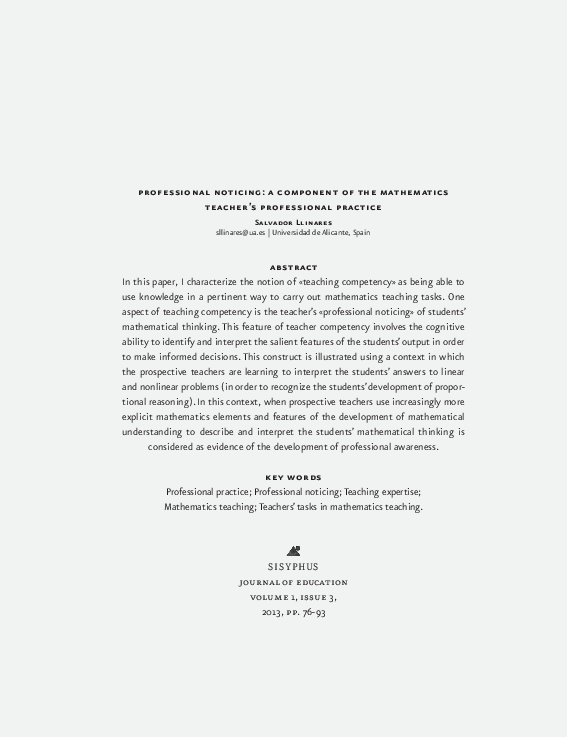 (PDF) Professional Noticing: A Component of the Mathematics Teacher’s ...