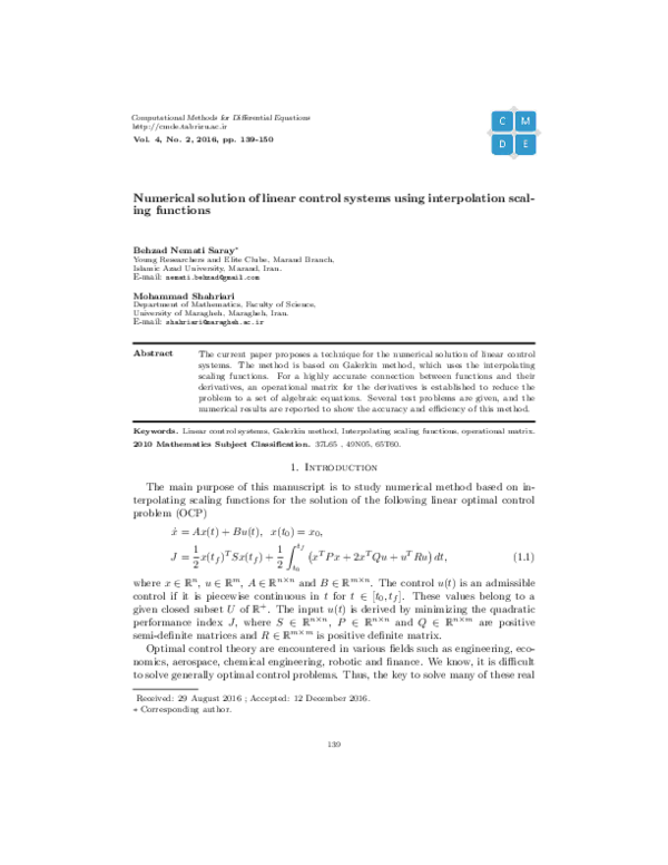 (PDF) Numerical solution of linear control systems using interpolation scaling functions