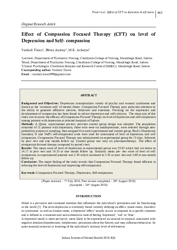(PDF) Effect of Compassion Focused Therapy (CFT) on level of Depression ...