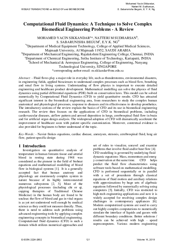 (PDF) Computational Fluid Dynamics: A Technique to Solve Complex Biomedical Engineering Problems ...
