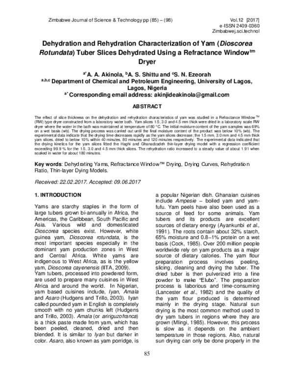 (PDF) Dehydration and Rehydration Characterization of Yam (Dioscorea Rotundata) Tuber Slices ...
