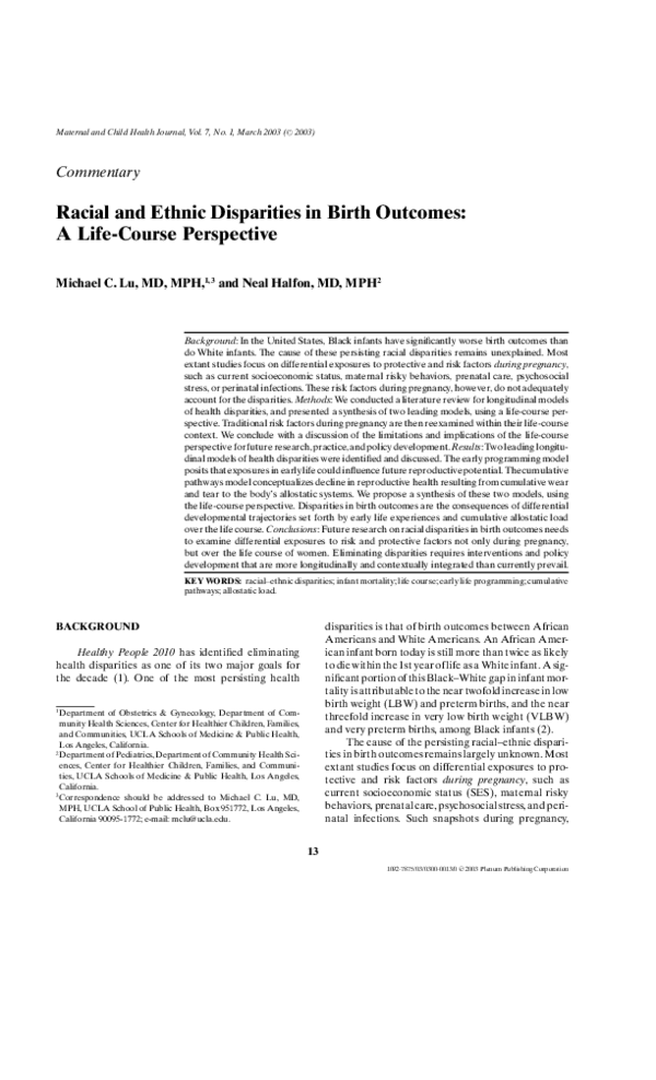 (PDF) Racial and ethnic disparities in birth outcomes: a life-course ...