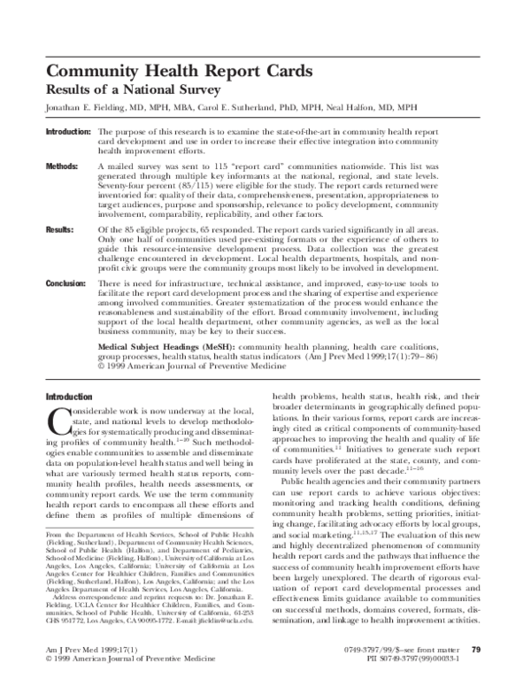 (PDF) Community health report cards Results of a national survey