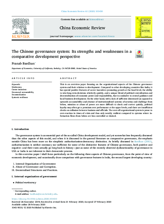 (PDF) The Chinese governance system: Its strengths and weaknesses in a ...
