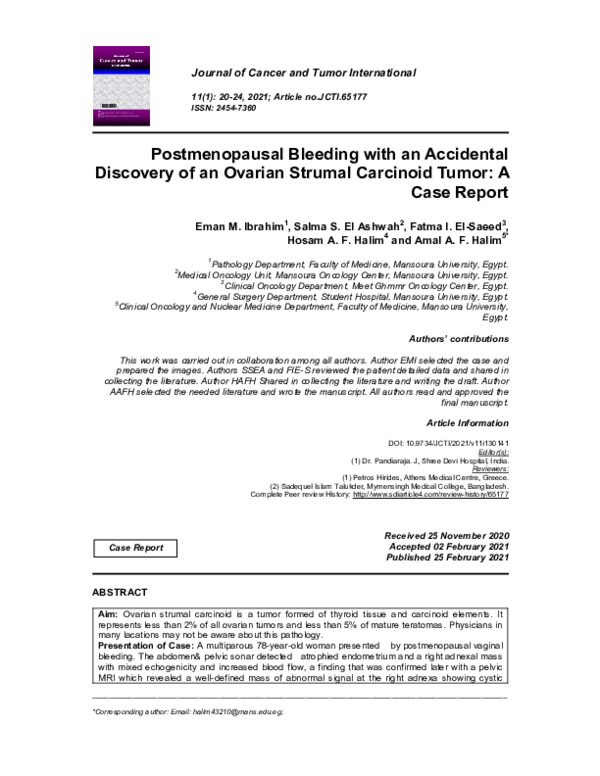 (PDF) Postmenopausal Bleeding with an Accidental Discovery of an Ovarian Strumal Carcinoid Tumor ...
