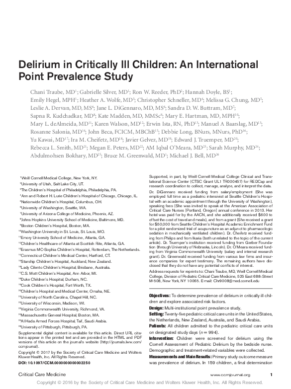 (PDF) Delirium in Critically Ill Children: An International Point ...