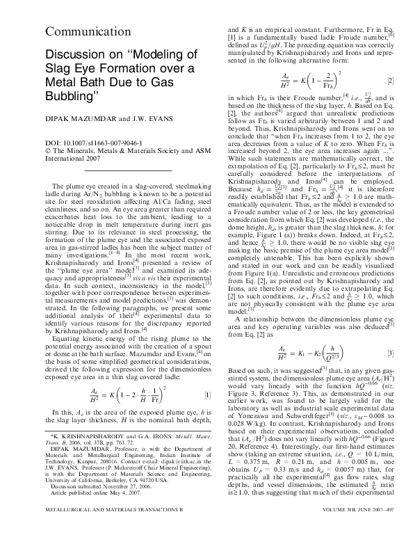 (PDF) Discussion on “Modeling of Slag Eye Formation over a Metal Bath ...