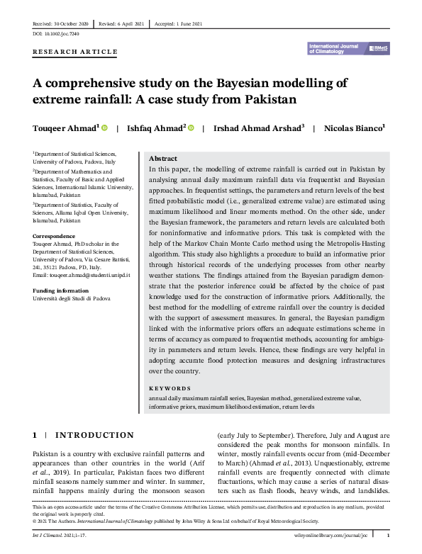 (PDF) A comprehensive study on the Bayesian modelling of extreme rainfall: A case study from ...
