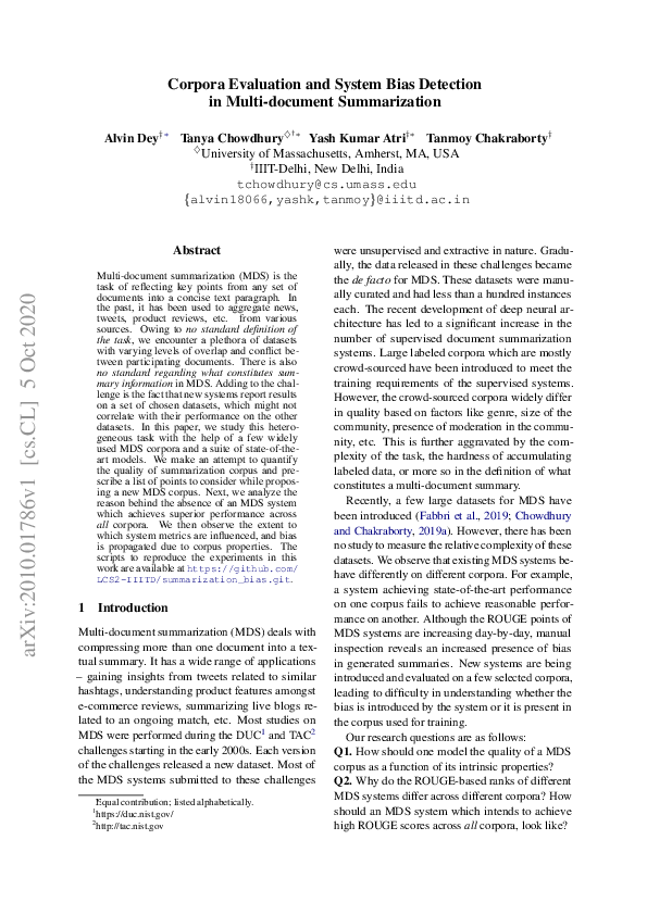 Pdf Corpora Evaluation And System Bias Detection In Multi Document Summarization