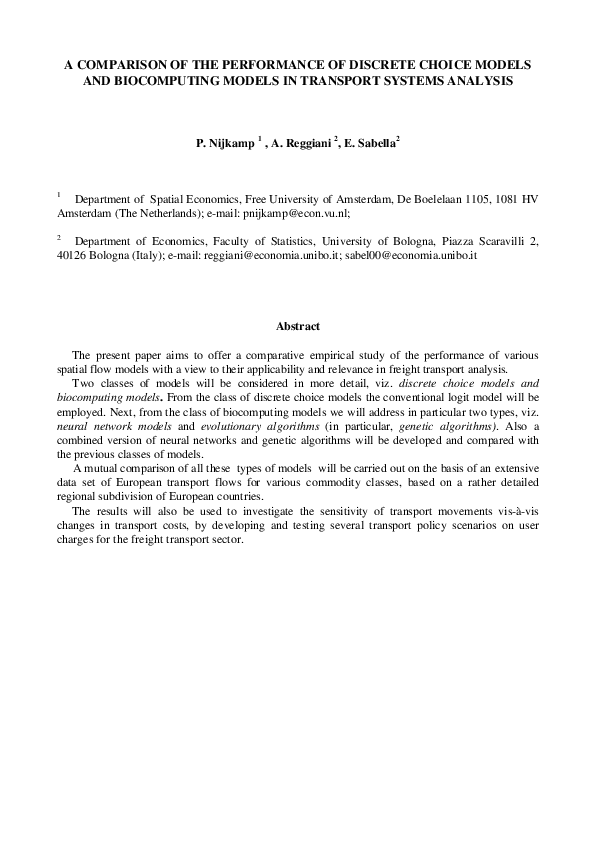 Pdf A Comparison Of The Performance Of Discrete Choice Models And Biocomputing Models In