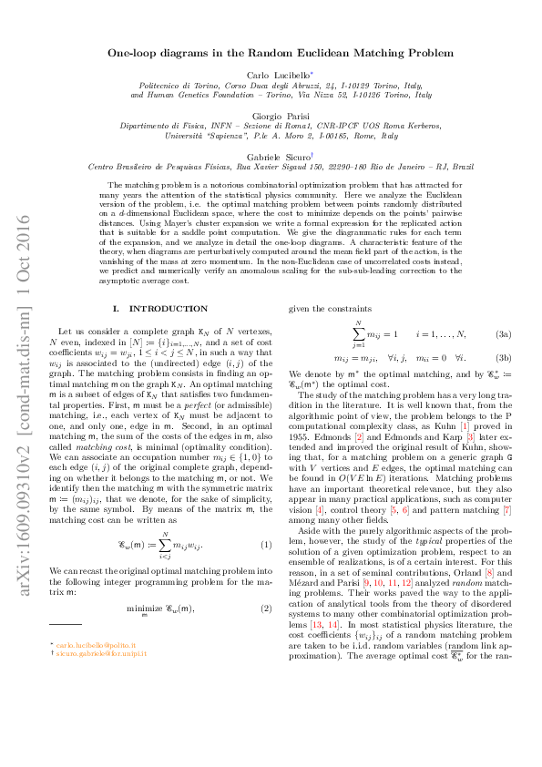 (PDF) One-loop diagrams in the random Euclidean matching problem