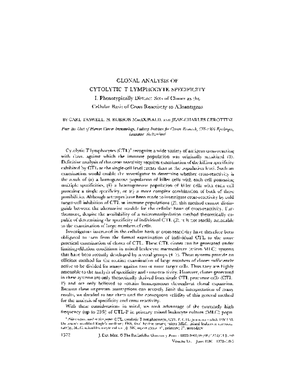 (PDF) CYTOLYT IC T LYMPHOCYTE SPECIF IC ITY I. Phenotypical ly Distinct ...