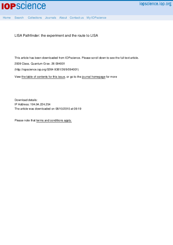 (PDF) LISA Pathfinder: the experiment and the route to LISA | Oliver ...