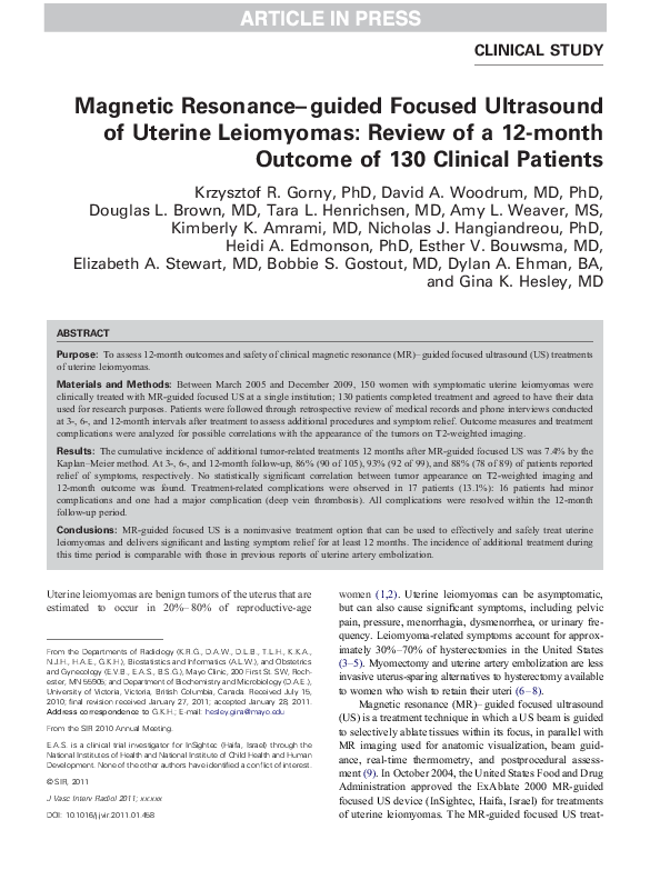 (PDF) Magnetic resonance-guided focused ultrasound of uterine leiomyomas: review of a 12-month ...