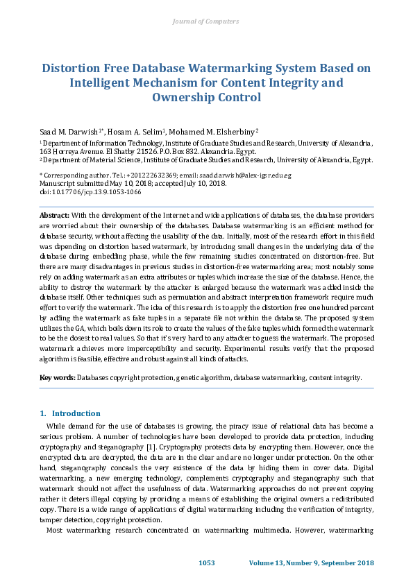 (PDF) Distortion Free Database Watermarking System Based on Intelligent Mechanism for Content ...