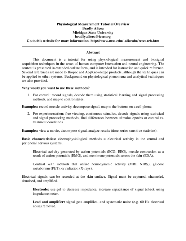 Pdf Physiological Measurement Tutorial Overview