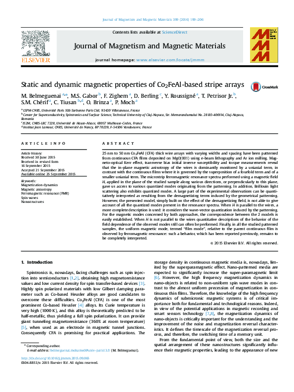 (PDF) Static and dynamic magnetic properties of Co2FeAl-based stripe arrays