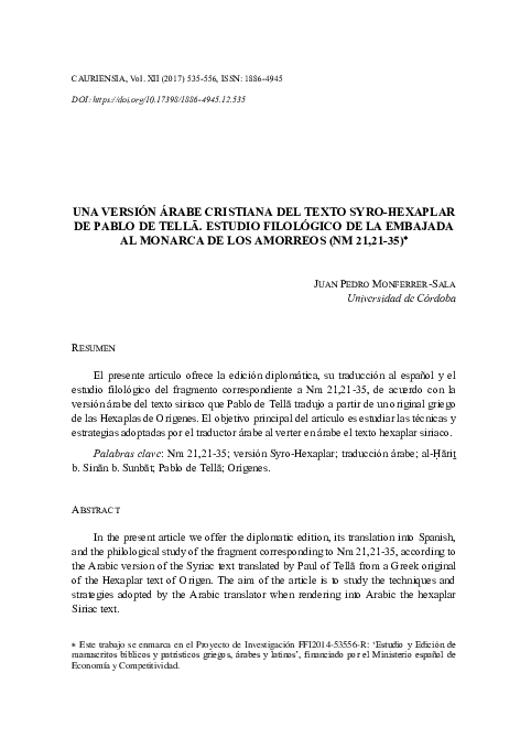 (PDF) Una versión árabe cristiana del texto syro-hexaplar de Pablo de ...
