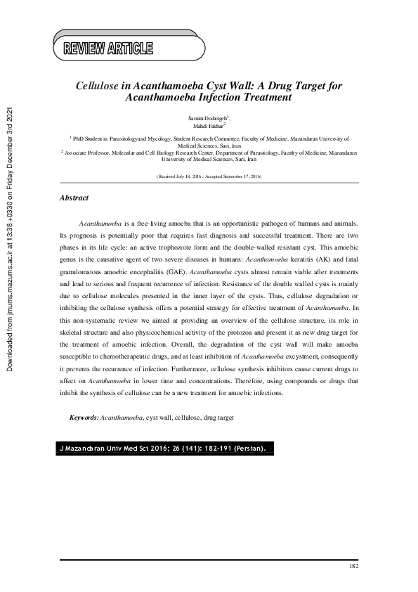 (PDF) Cellulose in Acanthamoeba Cyst Wall: A Drug Target for ...