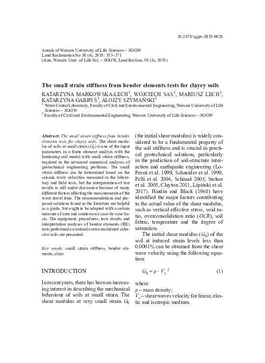 (PDF) The small strain stiffness from bender elements tests for clayey ...