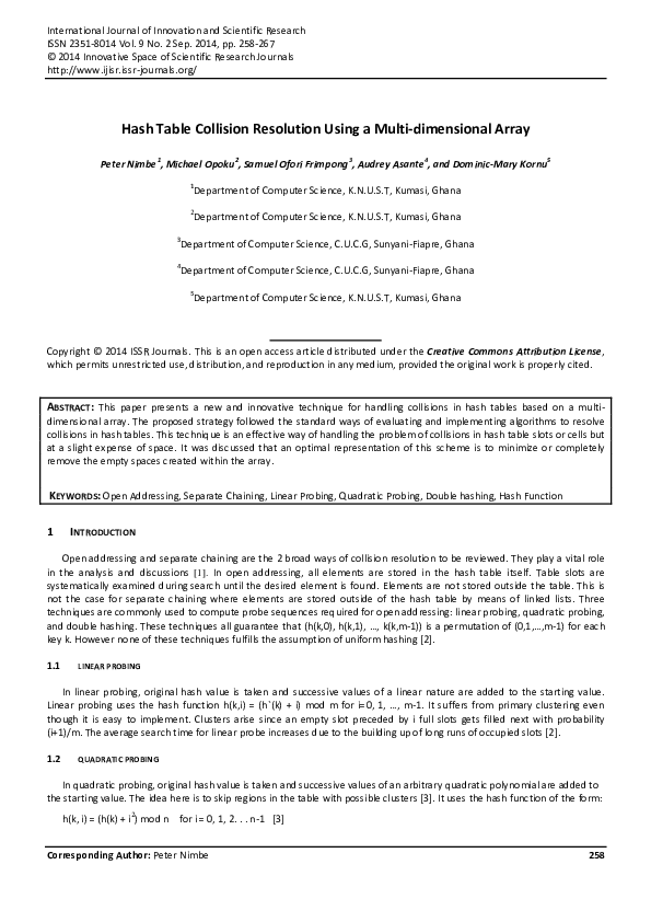 (PDF) Hash Table Collision Resolution Using a Multi-dimensional Array
