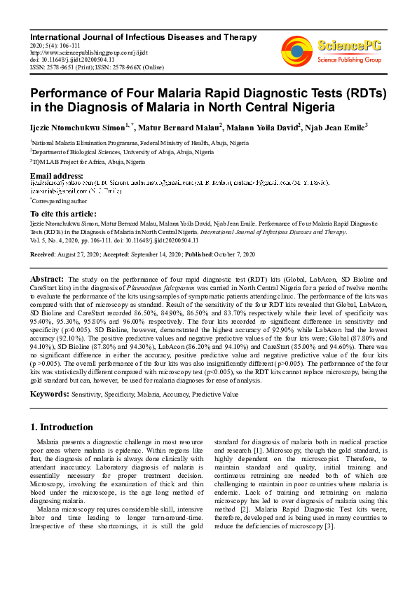 (PDF) Performance of Four Malaria Rapid Diagnostic Tests (RDTs) in the ...