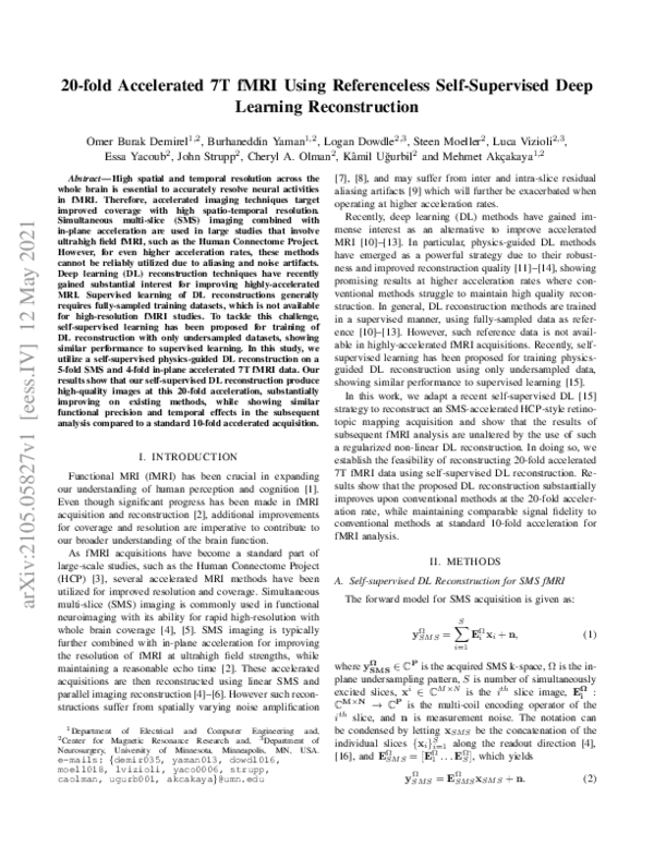 (PDF) 20-fold Accelerated 7T fMRI Using Referenceless Self-Supervised Deep Learning Reconstruction