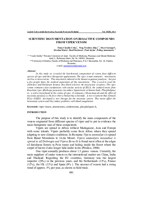 (PDF) On Bioactive Compounds from Viper Venom