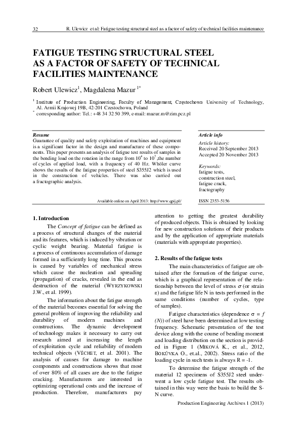 (PDF) Fatigue Testing Structural Steel as a Factor of Safety of ...