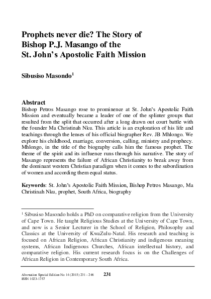 (PDF) Prophets never die? The Story of Bishop P.J. Masango of the St ...